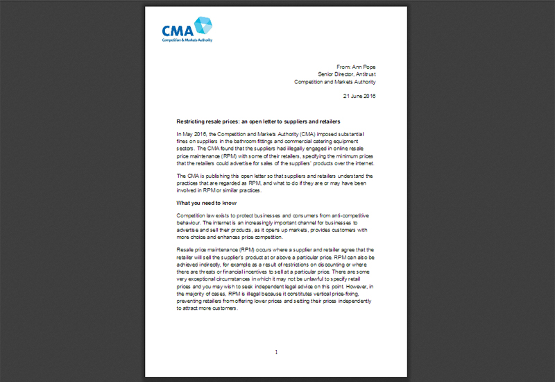 CMA Letter Warns Restriction on Internet Prices is Illegal